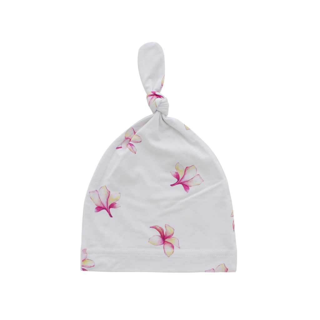 Coco Moon Baby Hat – Plumeria Print, Bamboo Knotted Top