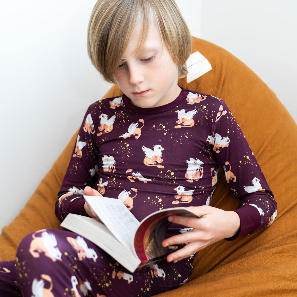 Laree + Co. Kids Bamboo Pajama Set – Long Sleeve, Purple Gryphon Print | Laree + Co. | Laree + Co.