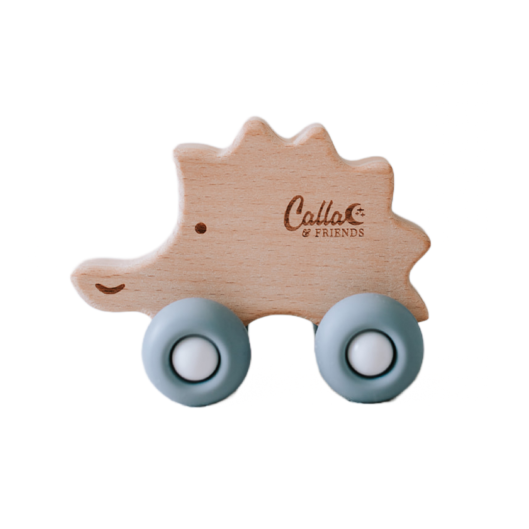 Beechwood Hedgehog Toy Car – Natural Wood, Blue Wheels | Calla and Friends