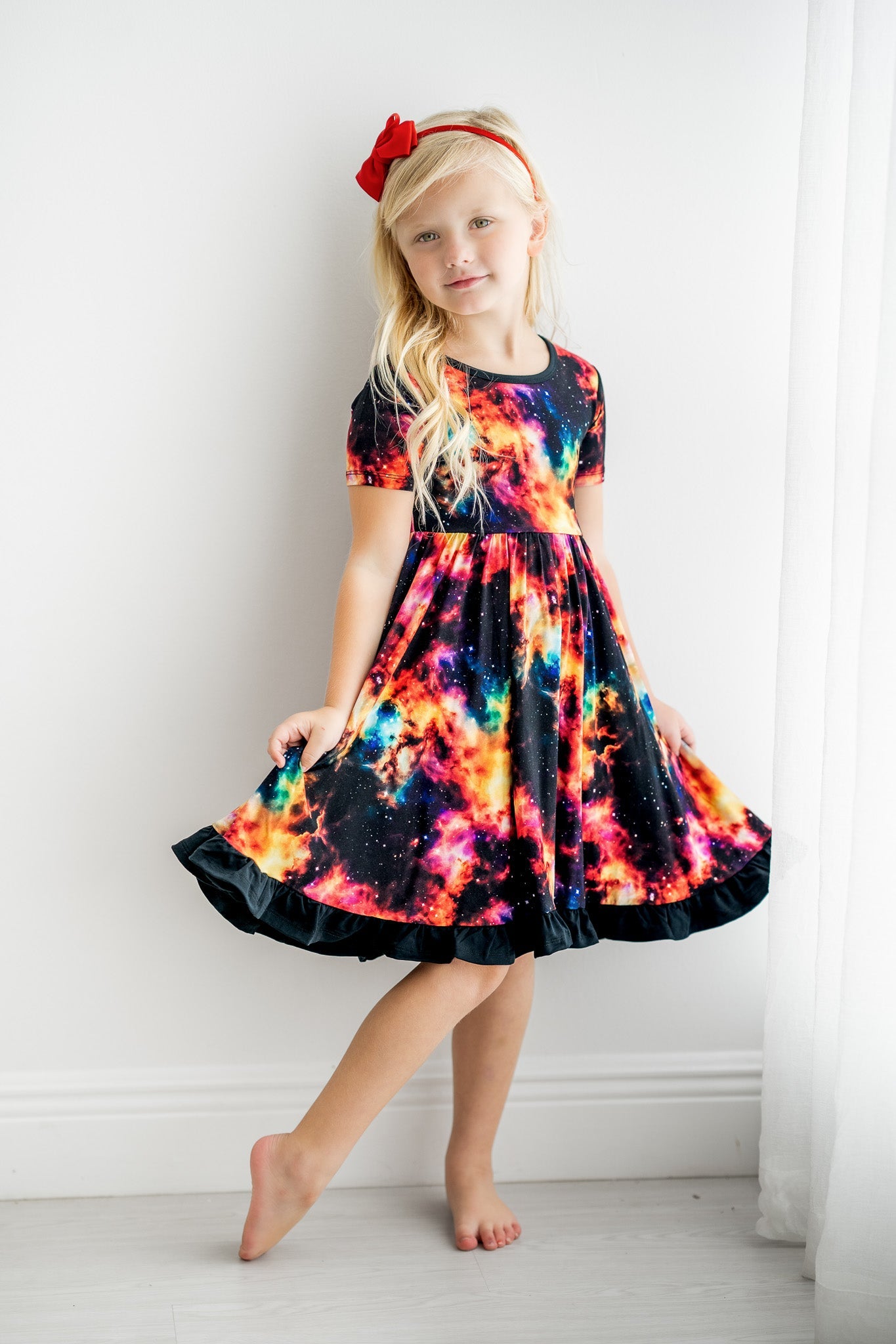 Little Popp Crew Toddler Dress – Cosmic Nebula Print, Ruffle Hem