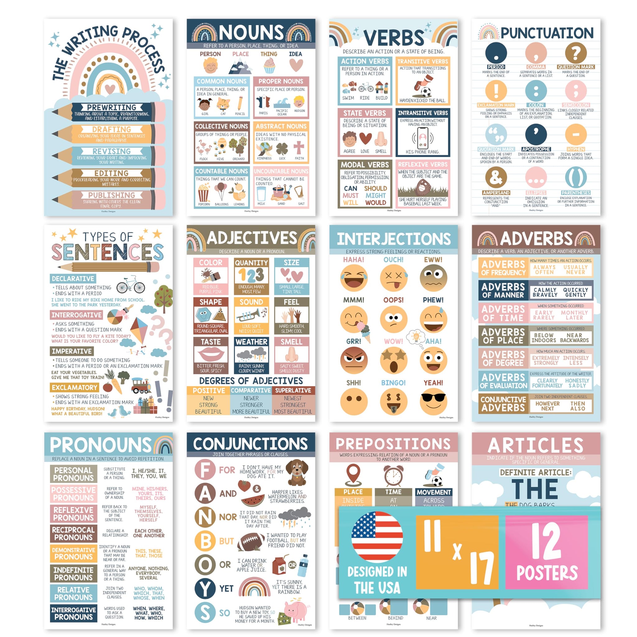 Parts of Speech Posters, Boho 12-Pack 11x17 – Hadley Designs Prek