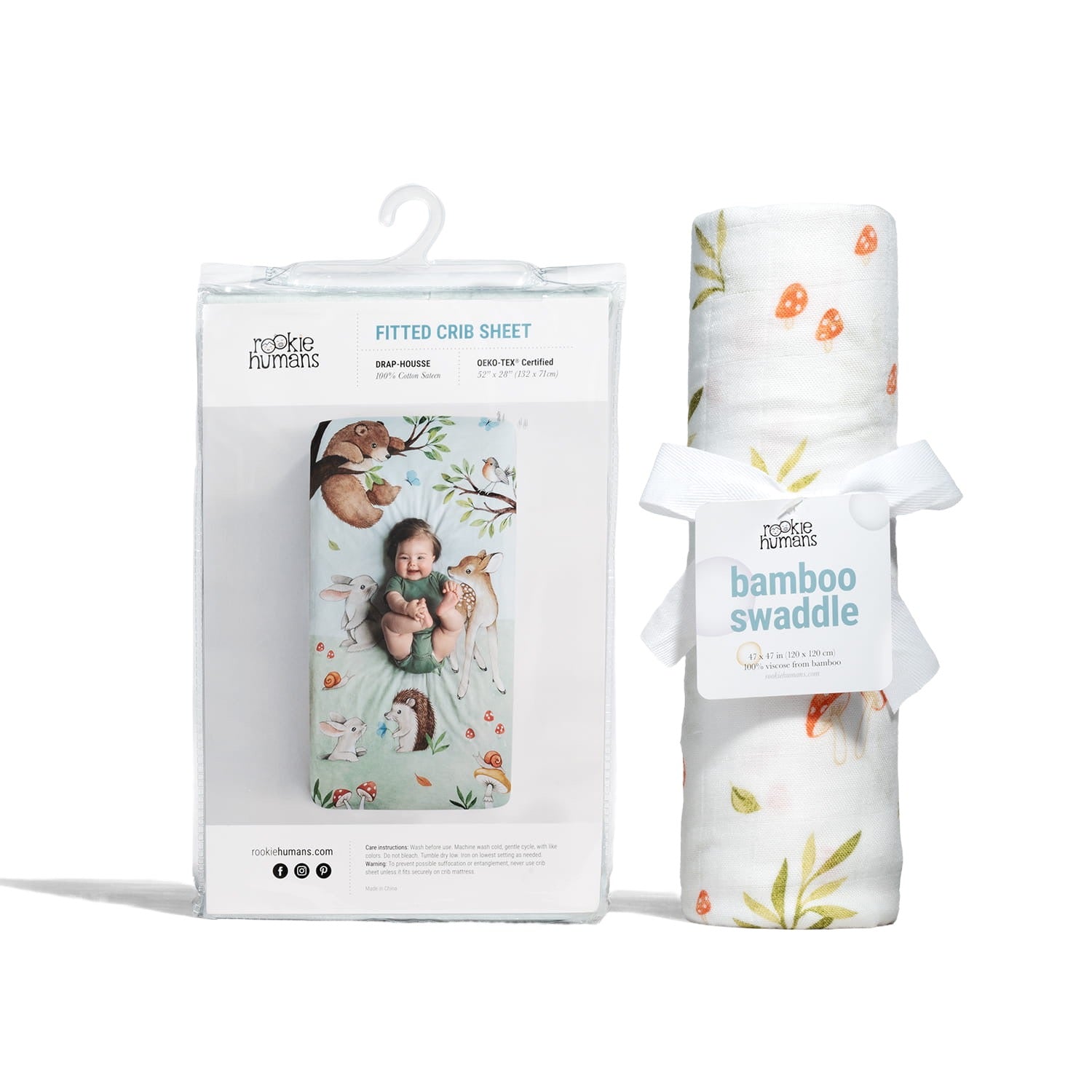 Crib Sheet And Bamboo Swaddle Bundle – Enchanted Forest Print | Rookie Humans