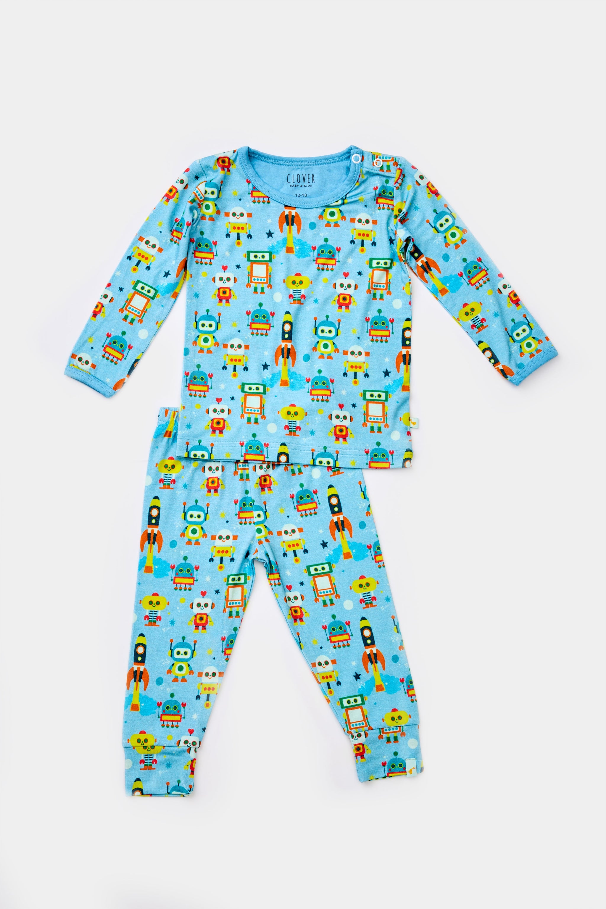 Long Sleeve Pajamas - Robot Print, Blue - Clover Baby & Kids