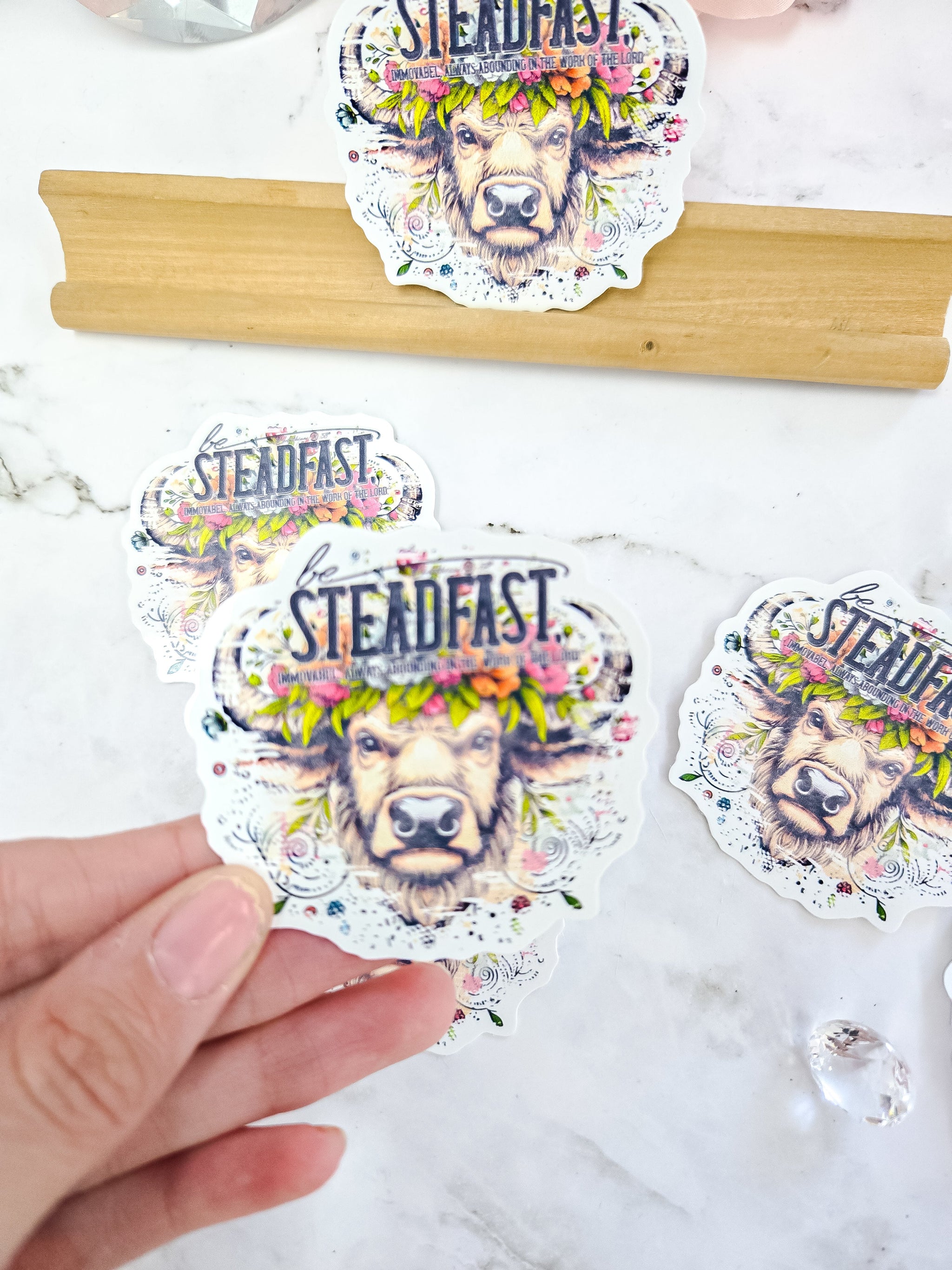 Steadfast Bull Die-Cut Sticker – Floral Faith – Sparkle & Peony