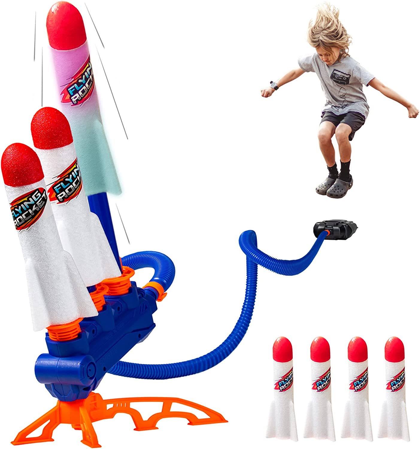 New Bounce Rocket Launcher Toy – Blue and Orange, Foam Rockets Set