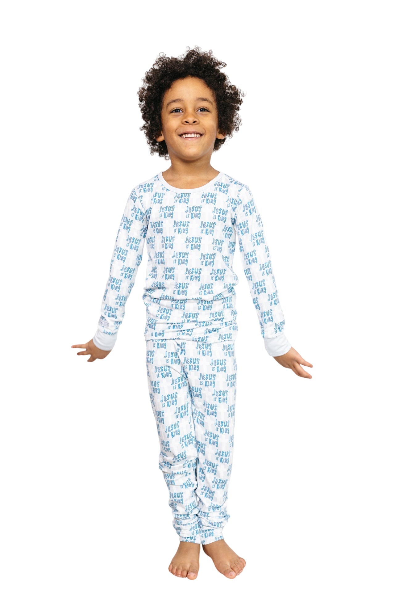 Holy Pals Baby Pajama Set – Blue "Jesus Is King" Print, Long Sleeve