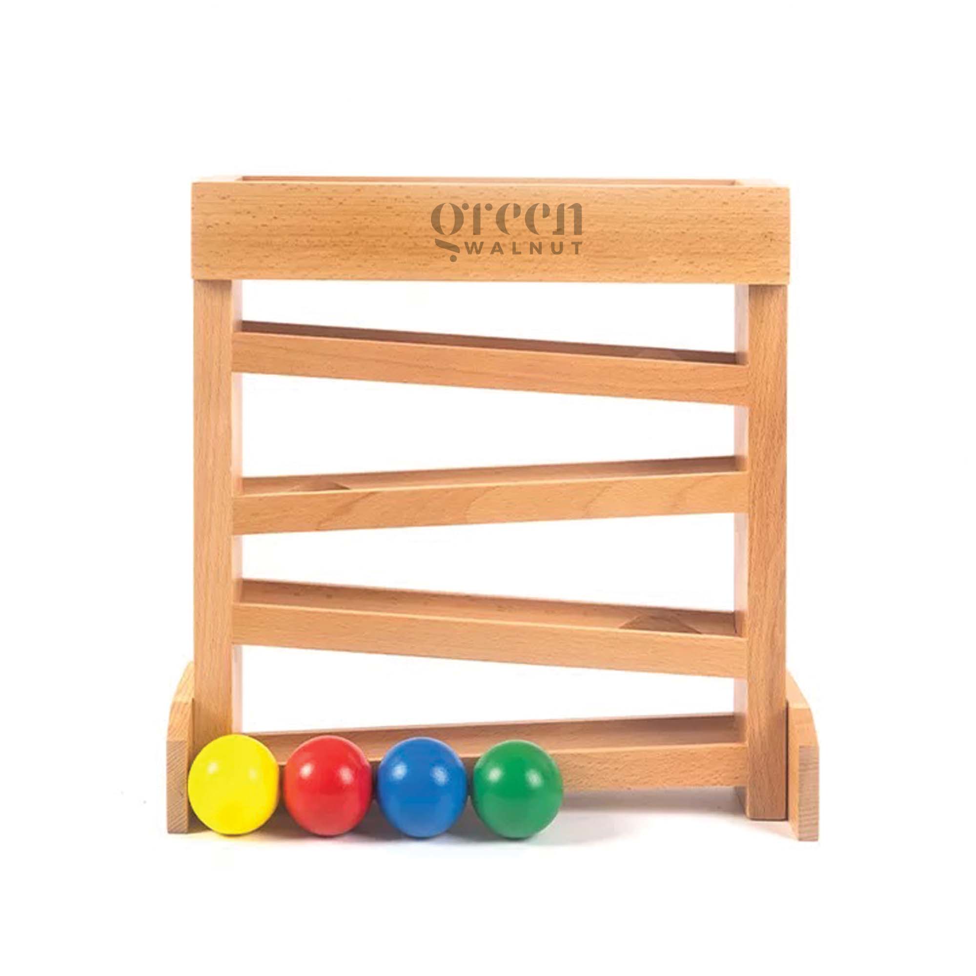 Green Walnut Wooden Ball Runner Toy – Natural Wood, 4 Colorful Balls