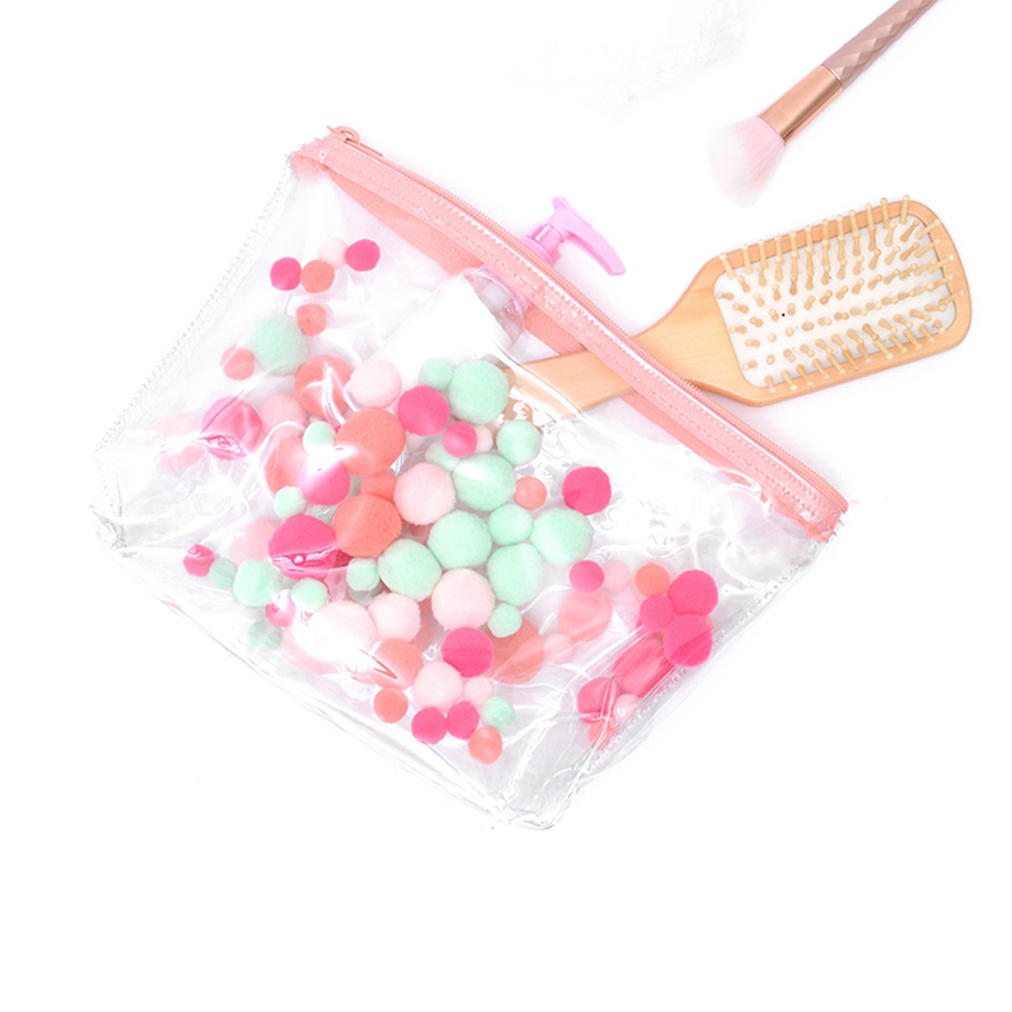 Talking Out Of Turn Clear Cosmetic Bag – Pink, Coral & Mint Pom Poms