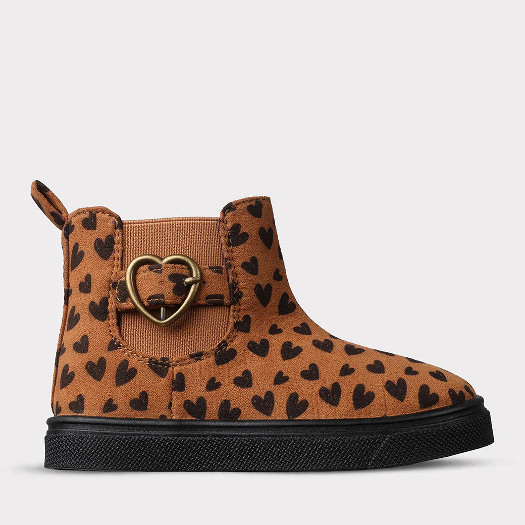 Oomphies Girls Zip-Up Boot – Brown Heart Print, Heart Buckle