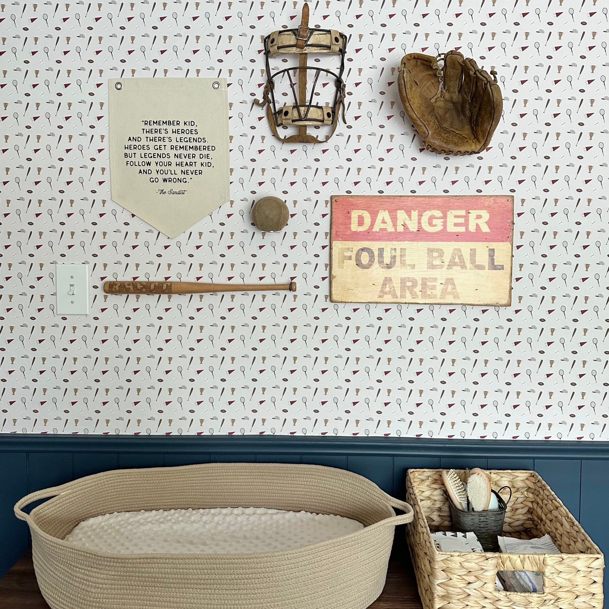 Benny Wallpaper – White, Baseball Bat and Ball Print | Loomwell Home Goods