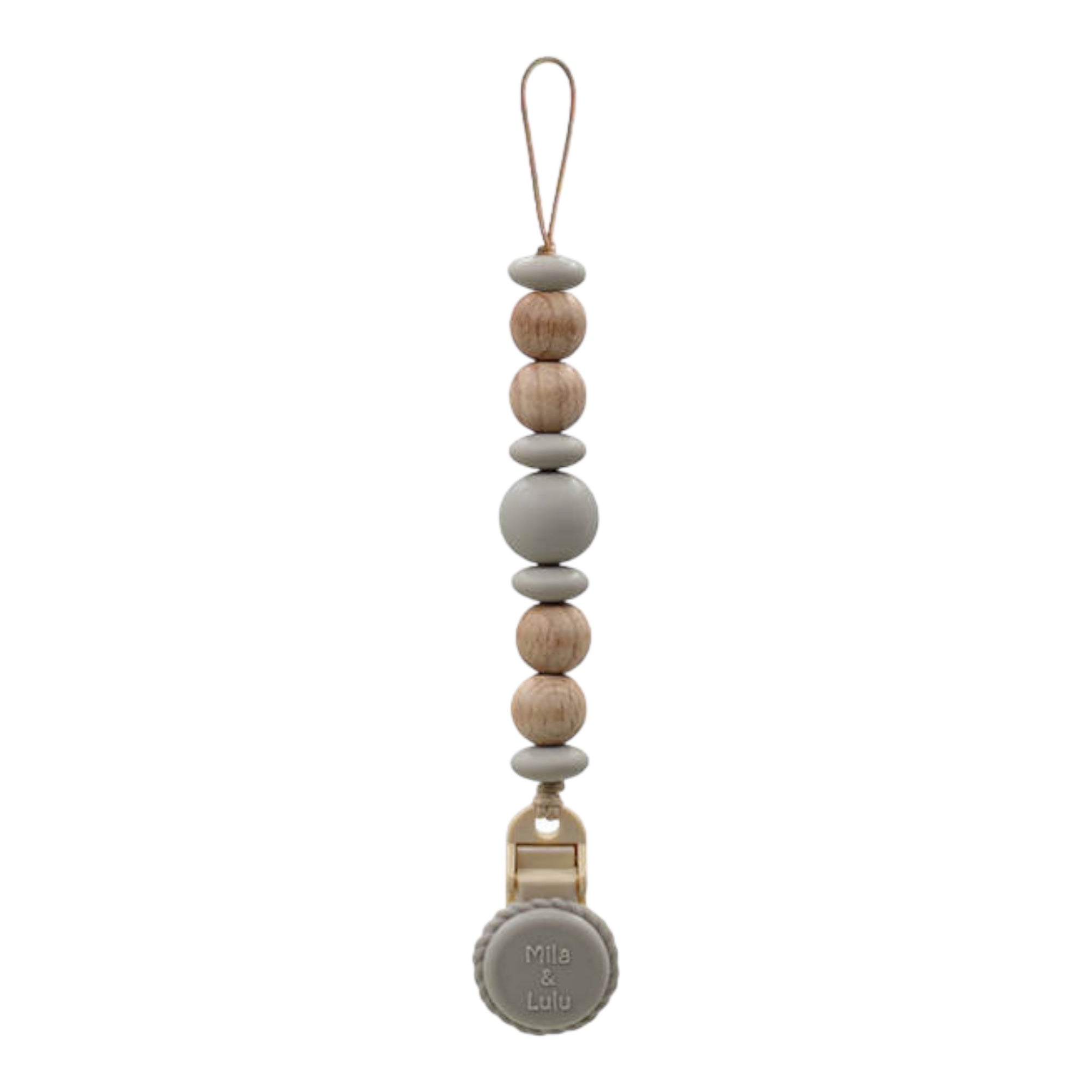 Metal-Free Beaded Baby Pacifier Clip – Grey & Beech – Mila & Lulu