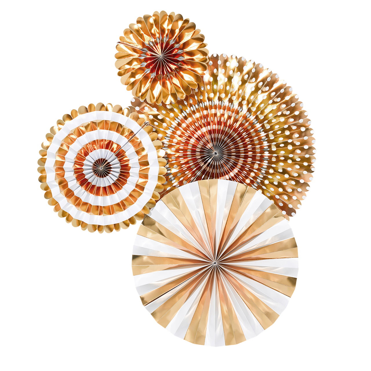 Coterie Gold Party Fans – Metallic, Polka Dot & Stripe Designs, 4-Pack