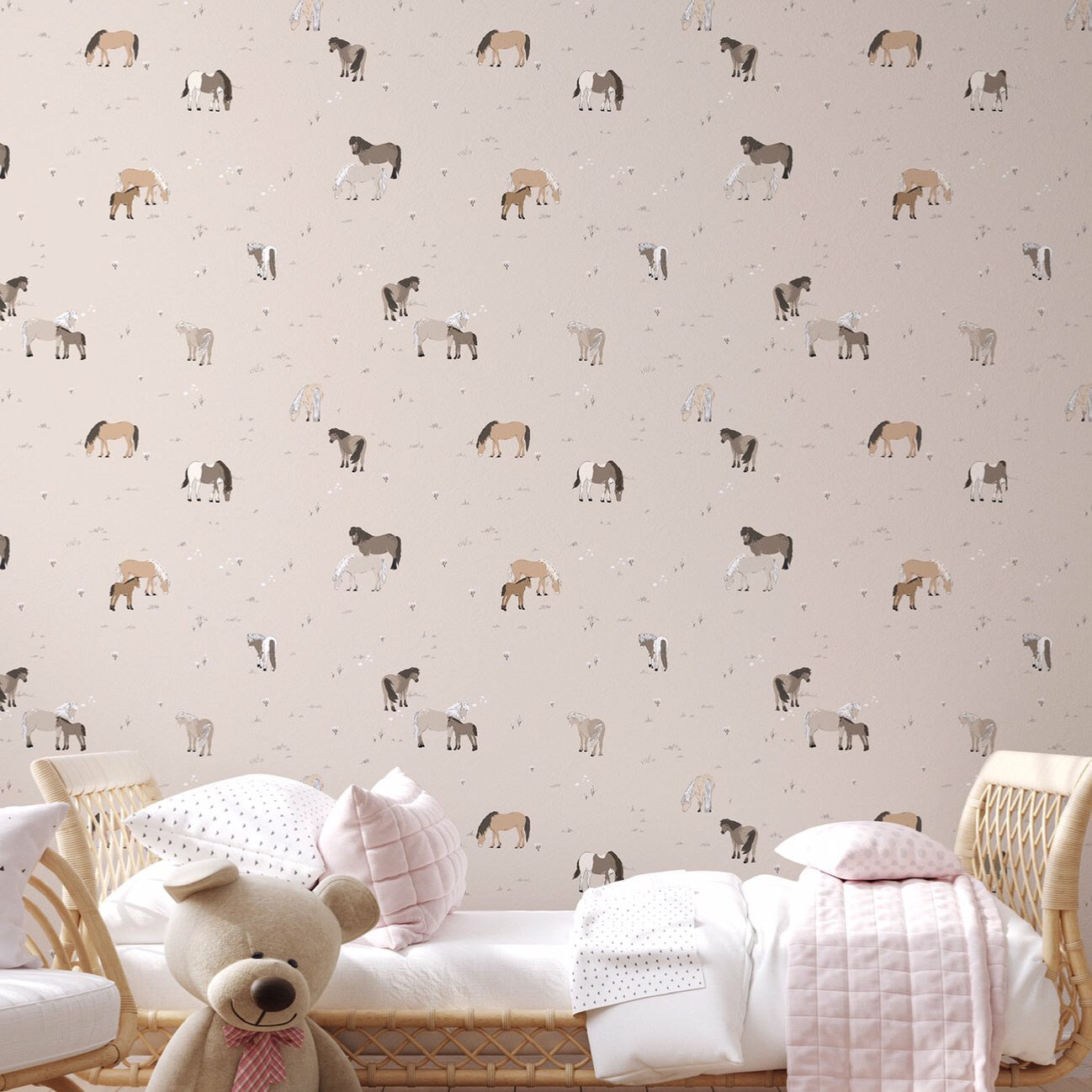 Trish Wallpaper – Beige, Pony Print for Kids Room | Loomwell Home Goods