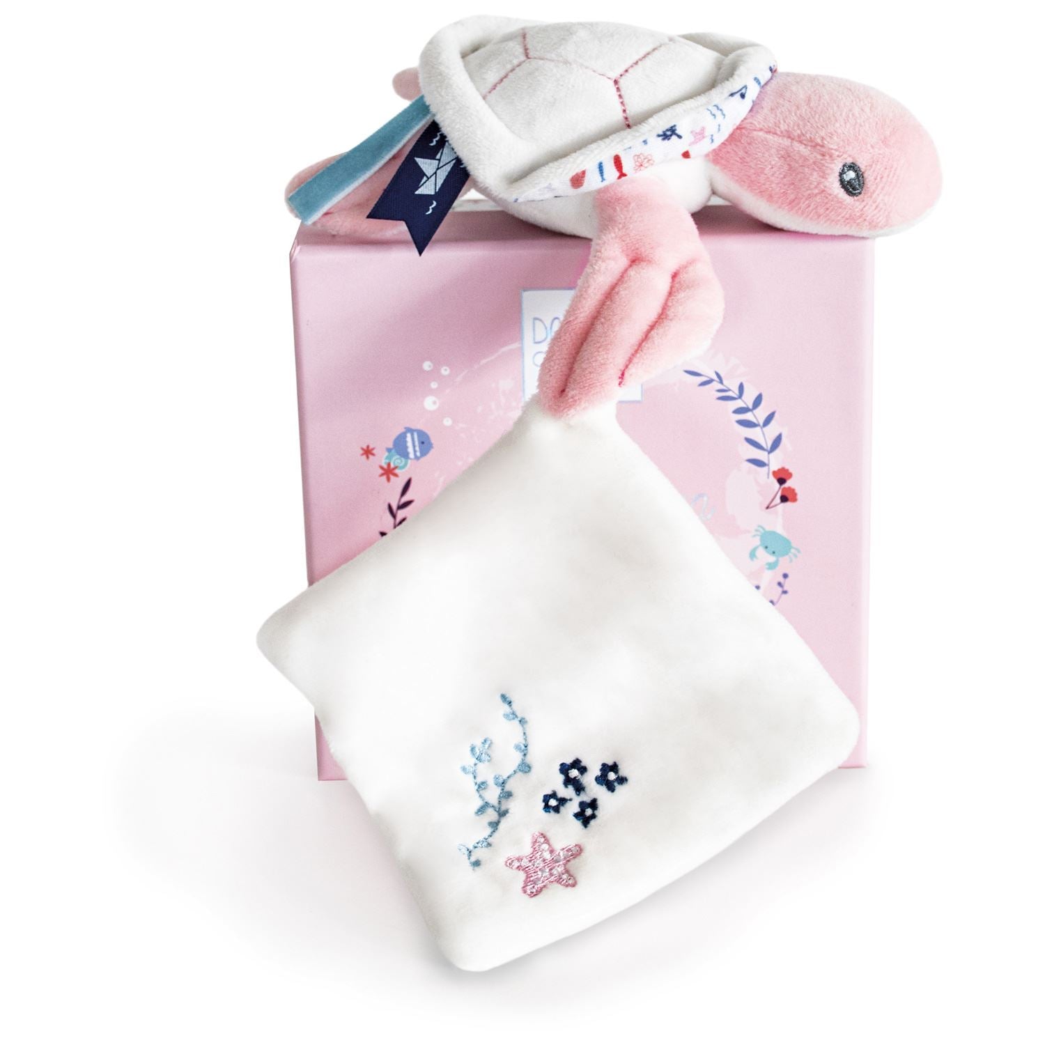 Doudou et Compagnie Pink Turtle Plush With Embroidered Doudou Blanket