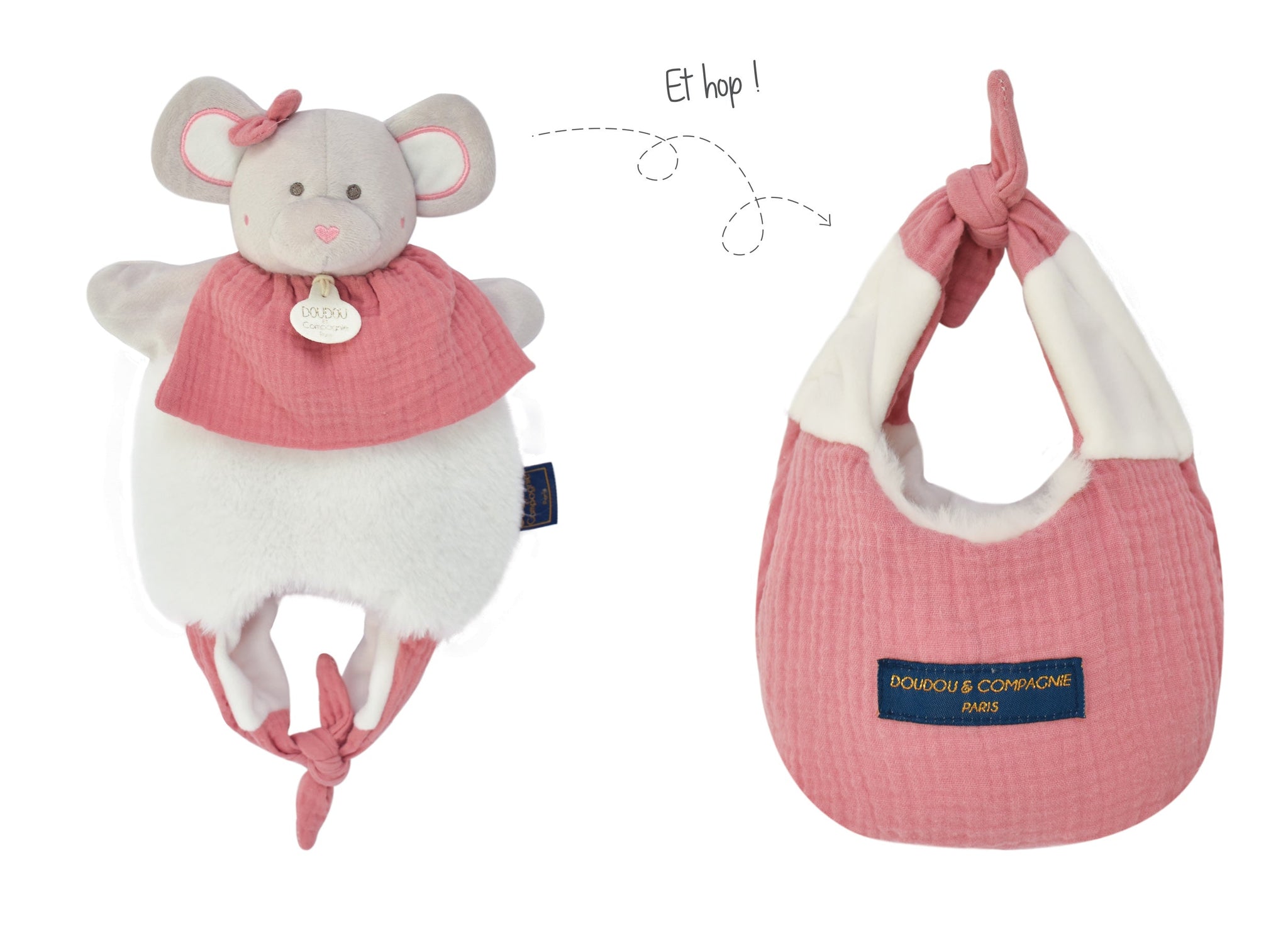 Doudou et Compagnie Reversible Mouse Puppet & Carry Bag – Pink White