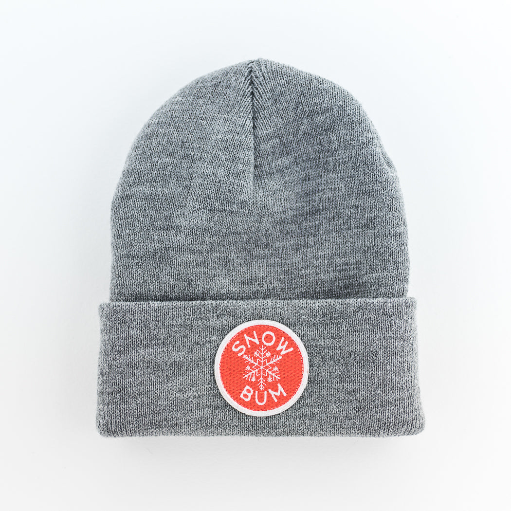 Adult Knit Beanie – Stone Gray Cuffed, Snow Bum Patch – Seaslope