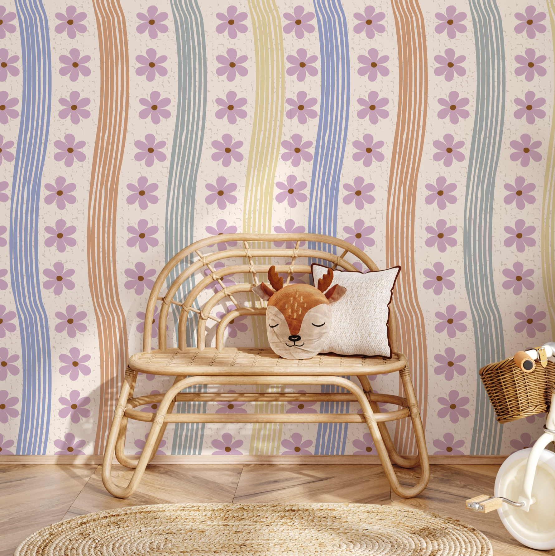 Loomwell Home Goods Effie Wallpaper – Colorful Wavy Stripes & Floral Print