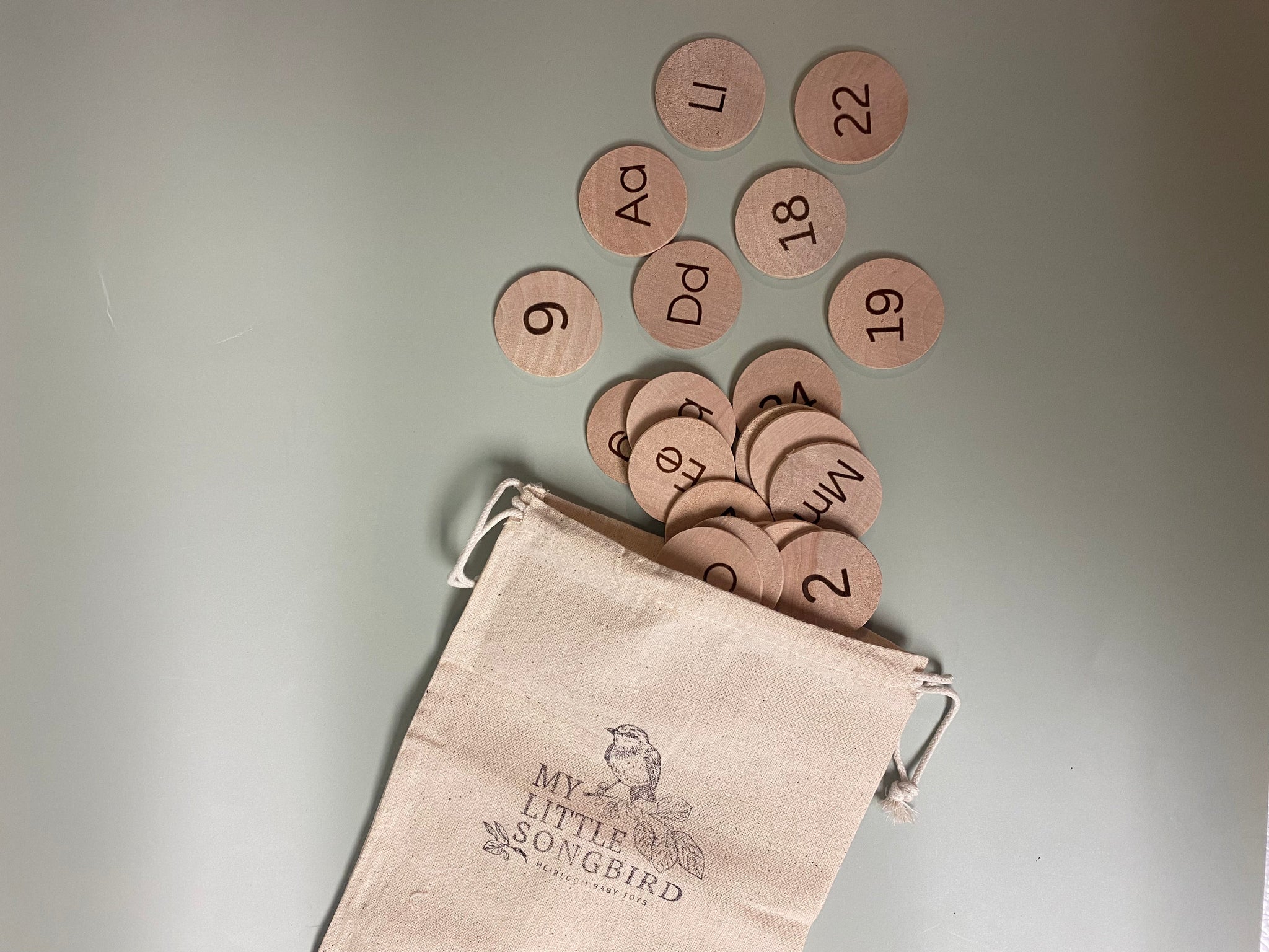 Wooden Alphabet & Number Discs, Natural Bag - ShopMyLittleSongbird