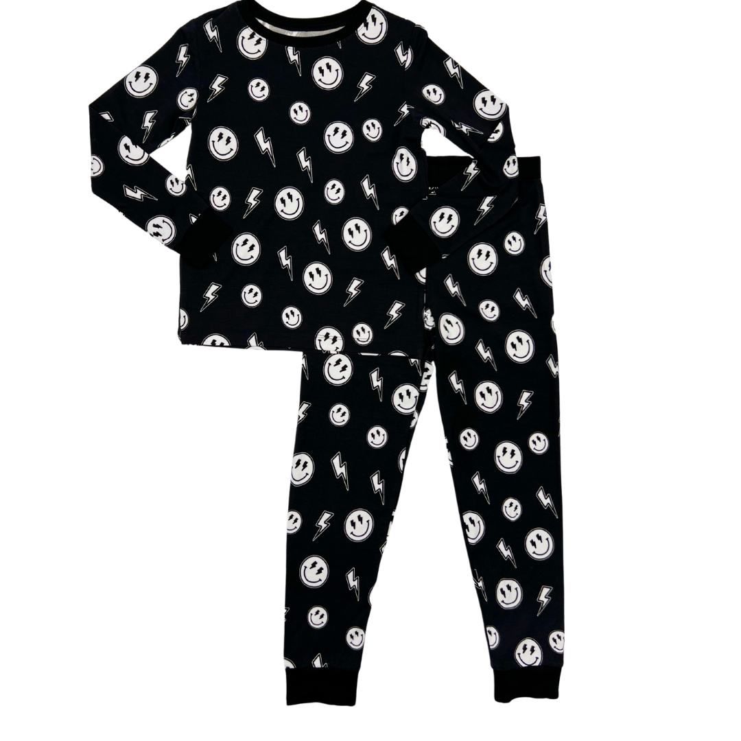 Kids Pajamas – Black Smiley Lightning Print, Long Sleeve – Khlobe