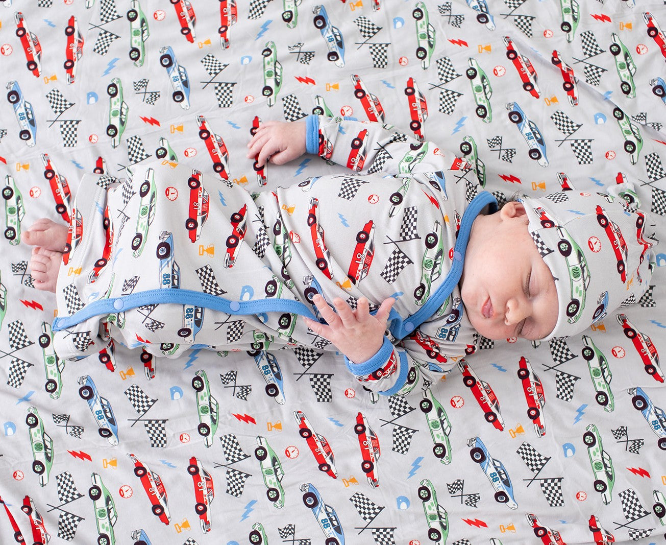 Bestaroo Turbo Tots Baby Gown & Hat – Race Car Print, Blue Trim