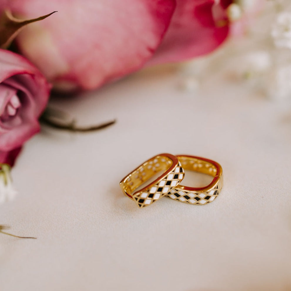 Reversible Hoops – Gold & Black Diamond Pattern | Mauve Jewelry Co.