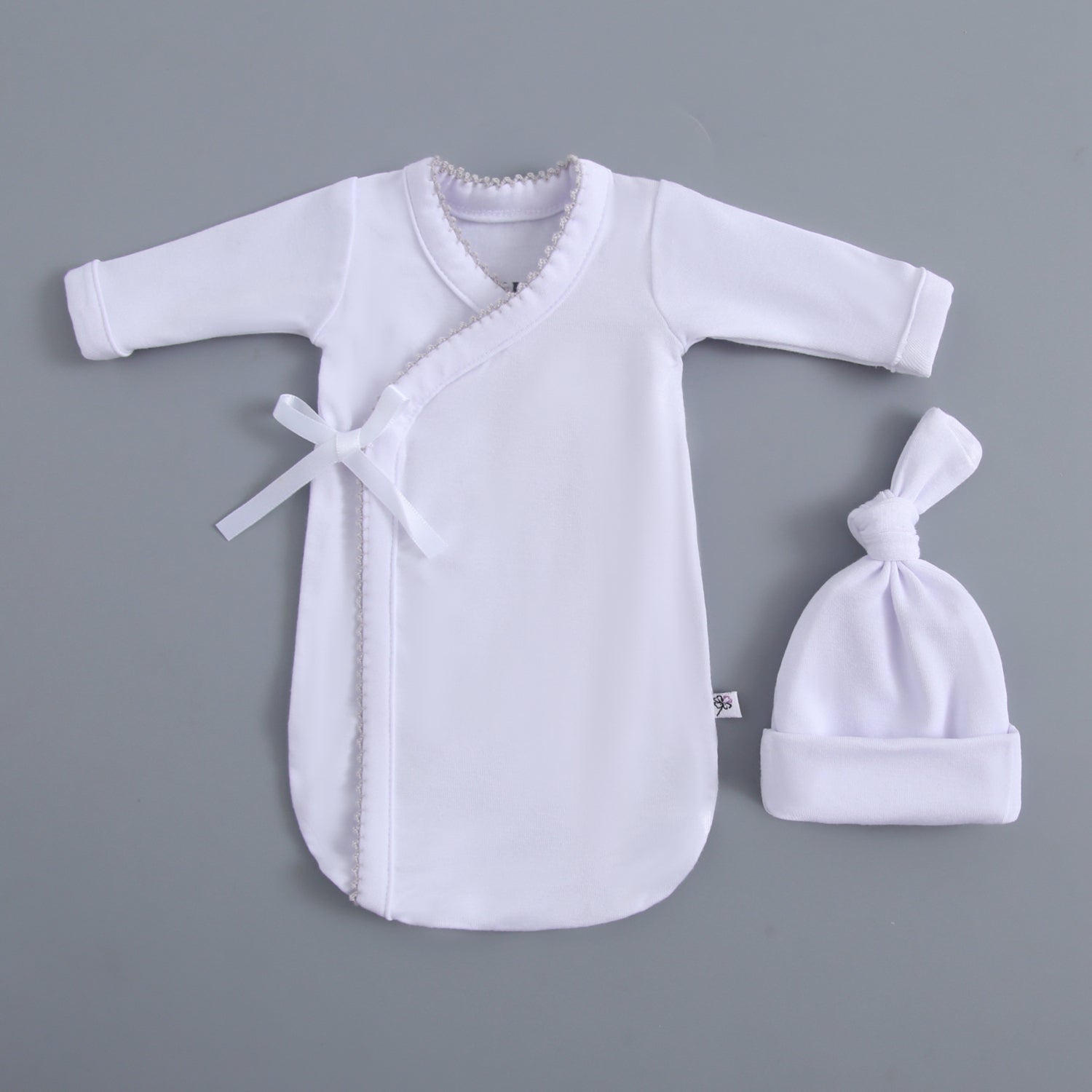 Luxie Charm Bereavement Gown & Hat Set – White, Long Sleeve, Knot Hat