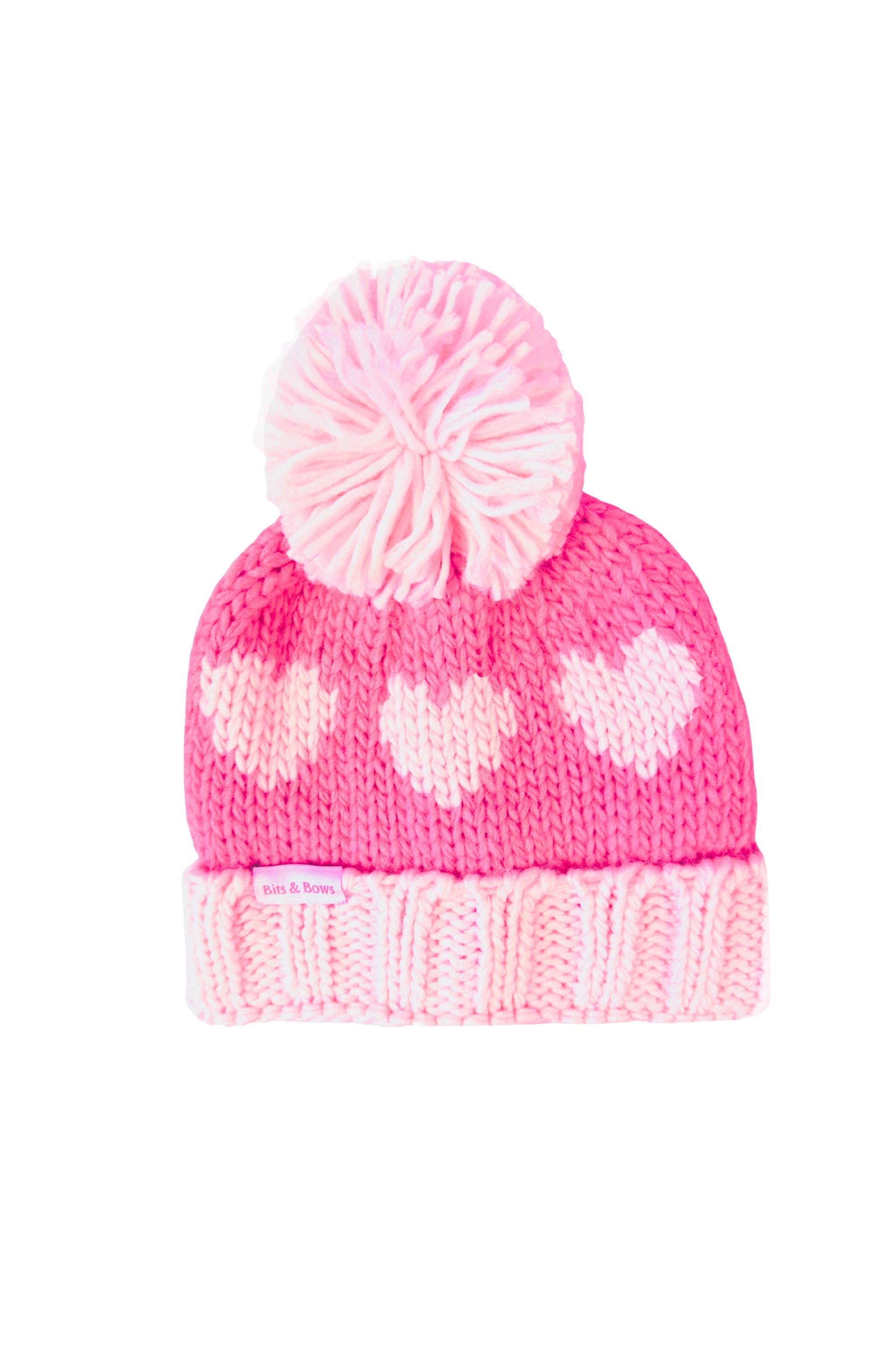 Bits & Bows Baby Bobble Hat – Pink Hearts Knit Winter Cap