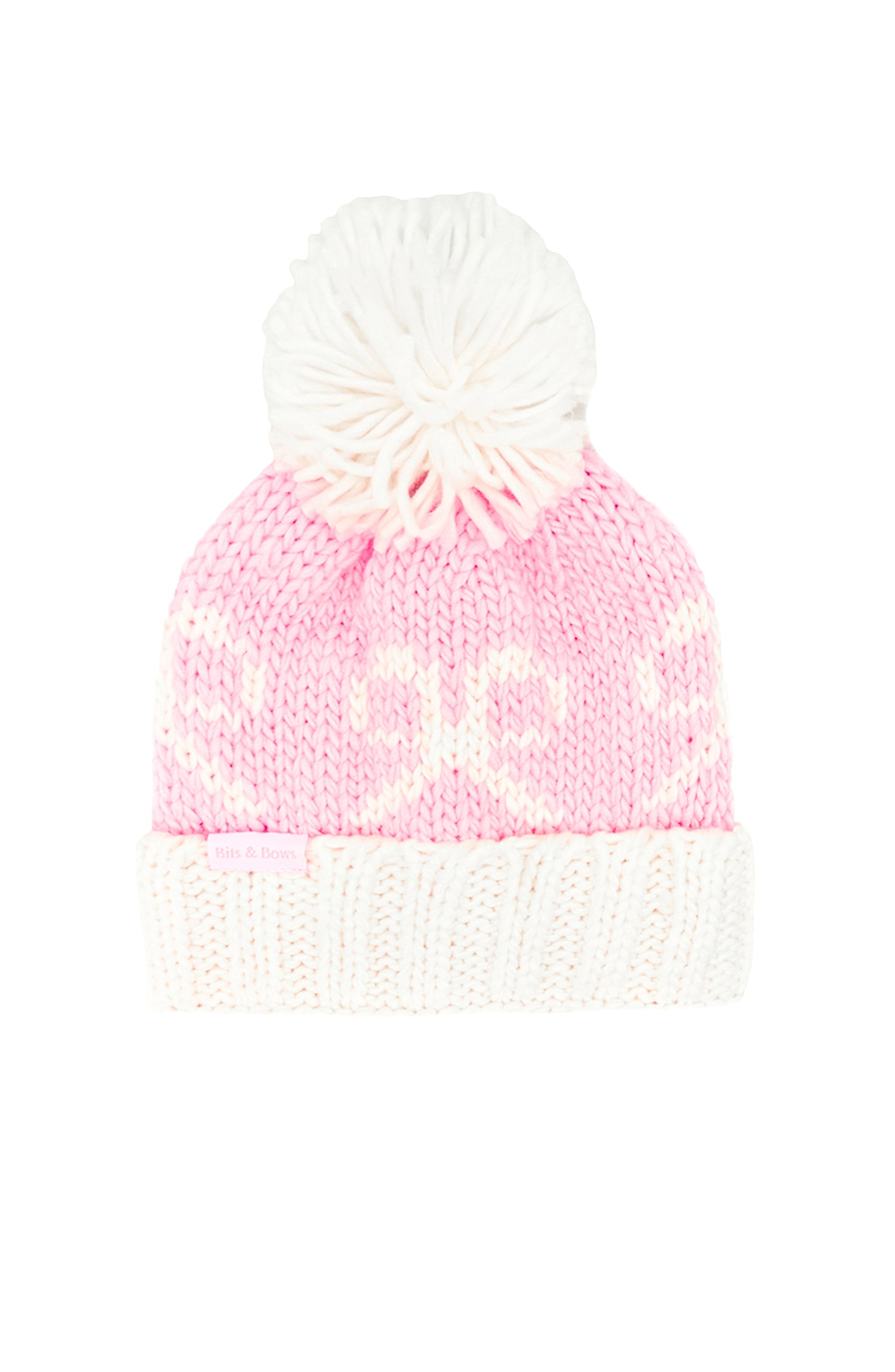 Bits & Bows Baby Bobble Hat – Pink And White Knit, Pom Pom