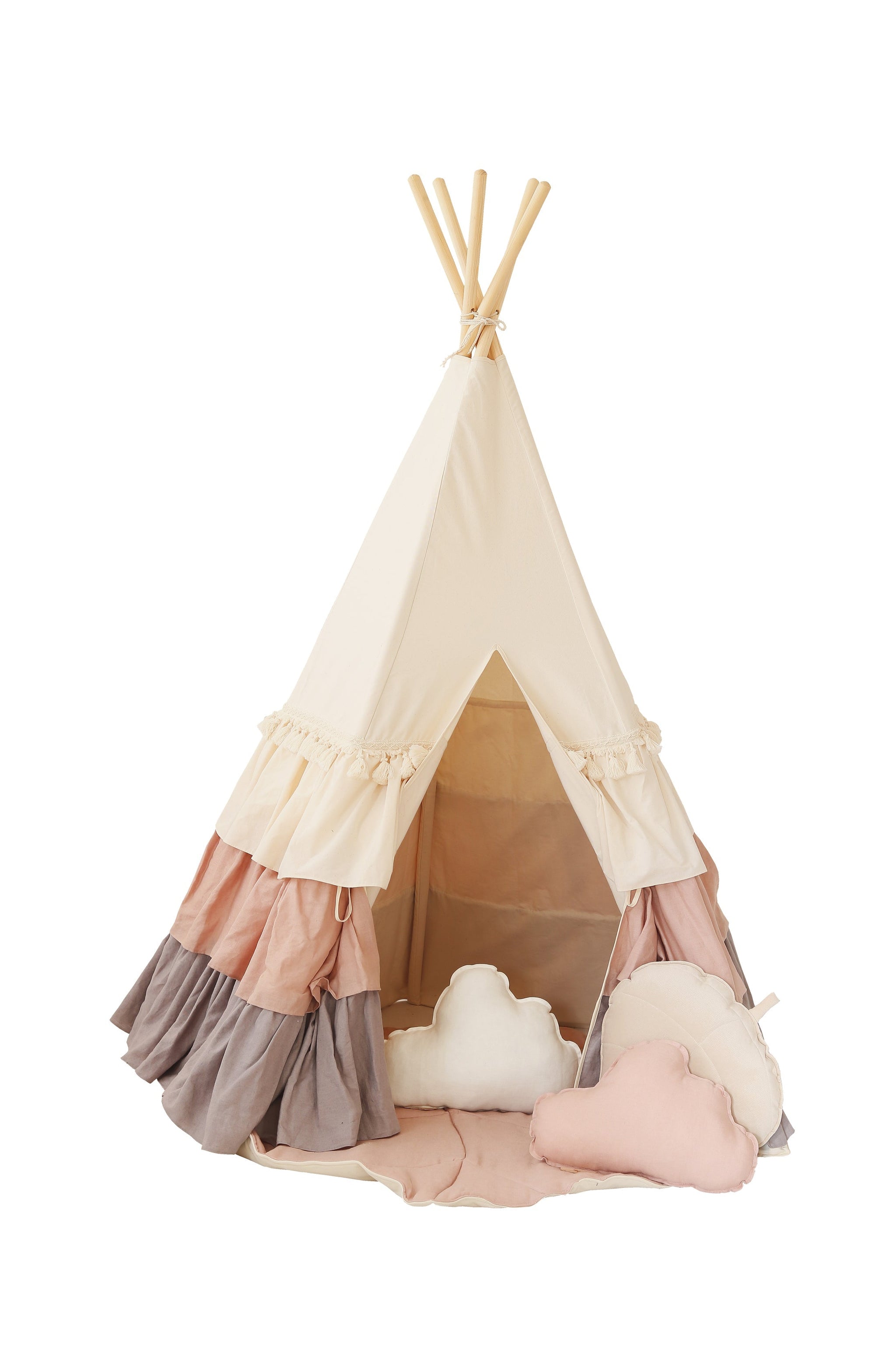 Kids Teepee Tent – Powder Pink Frills With Shell Mat Set | Moimili