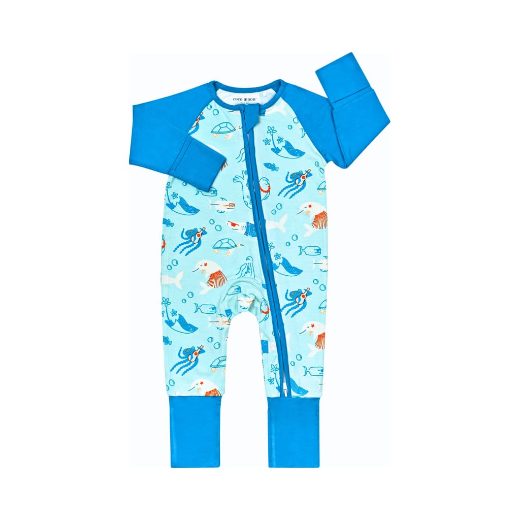 Coco Moon Baby Coverall – Blue Ocean Print, Bamboo Fabric, Long Sleeve