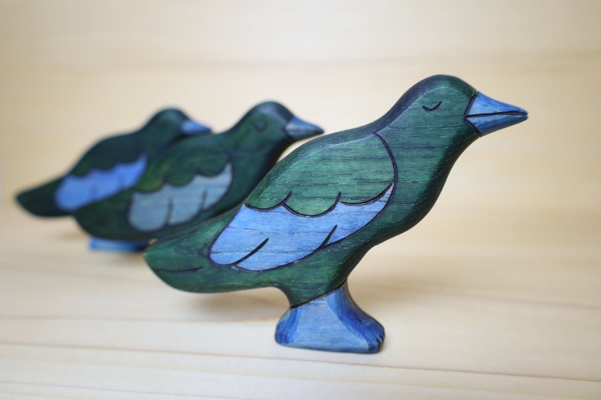 Wooden Raven Toy – Green & Blue Bird – Sweet Potato Village