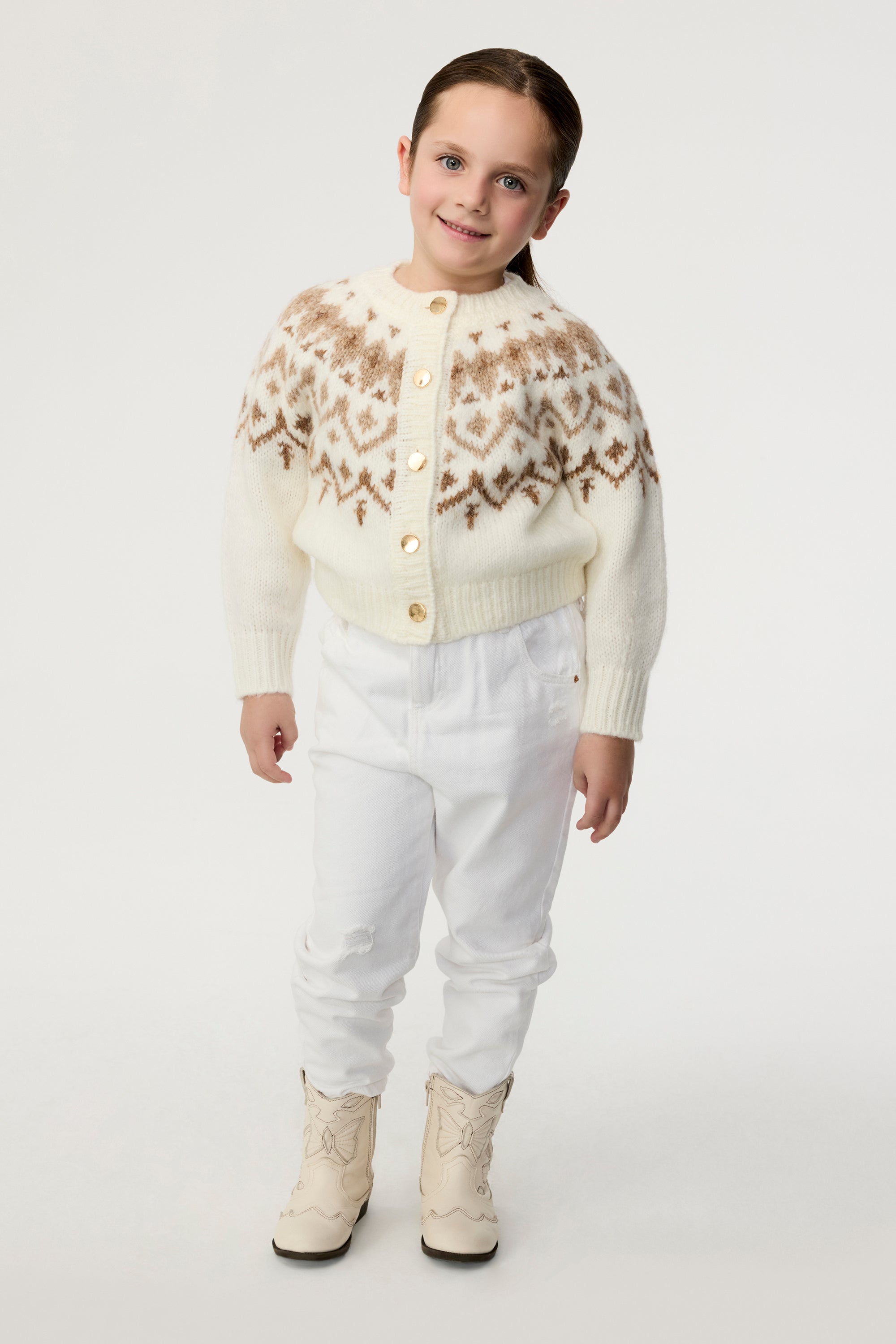 Toccin Dakota Girls Fair Isle Cardigan - Cream with Brown Detail
