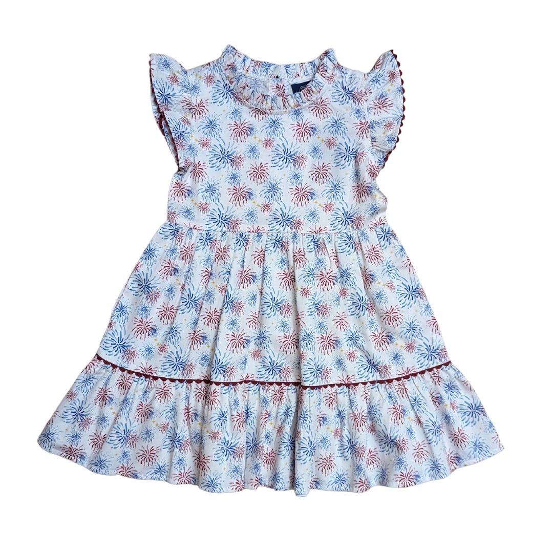 TukTuk Designs Toddler Dress – Fireworks Print, Ruffle Sleeves
