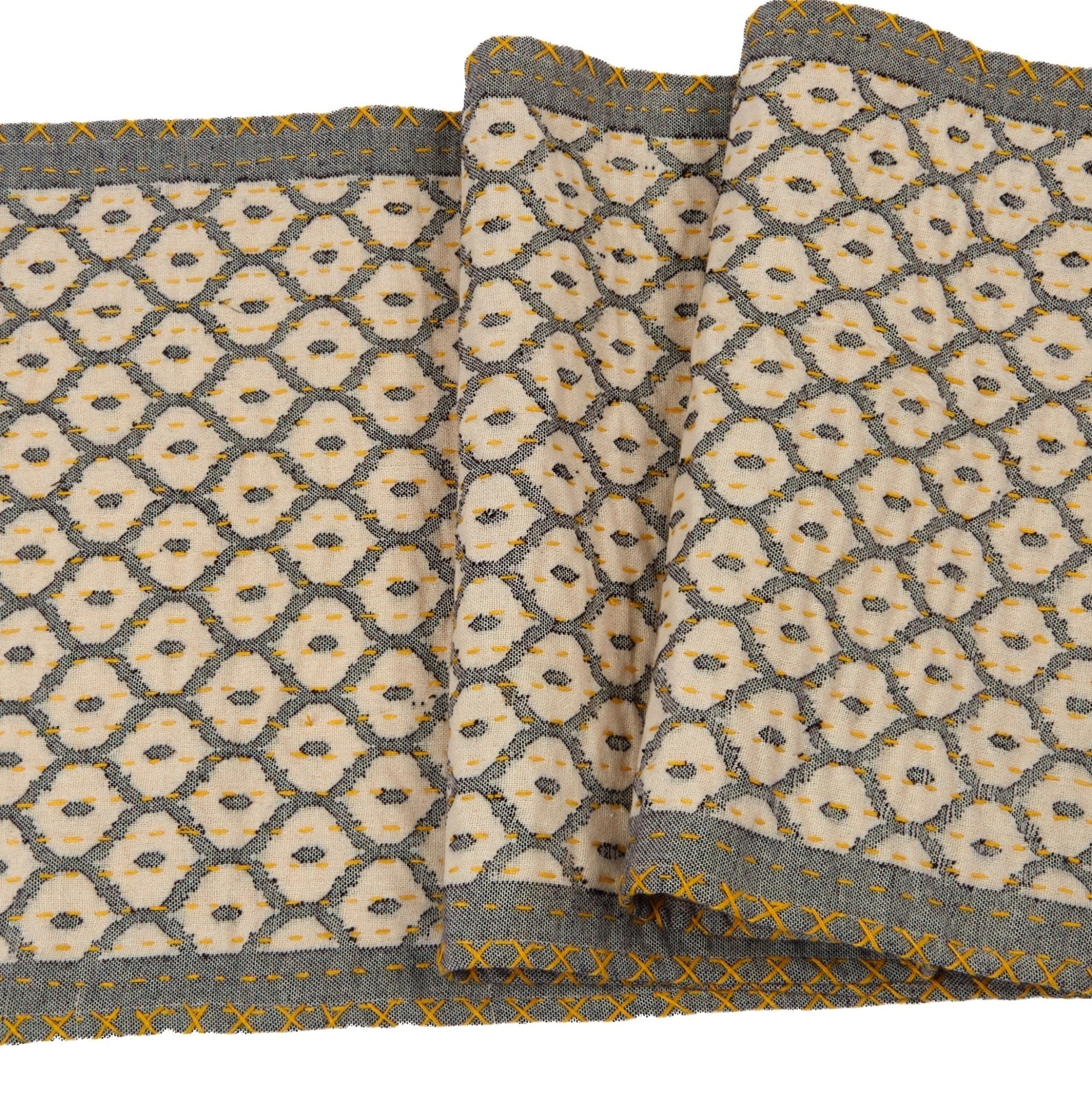 Artisan Hand Loomed Cotton Table Runner - Gray Yellow Stitching - 18"x