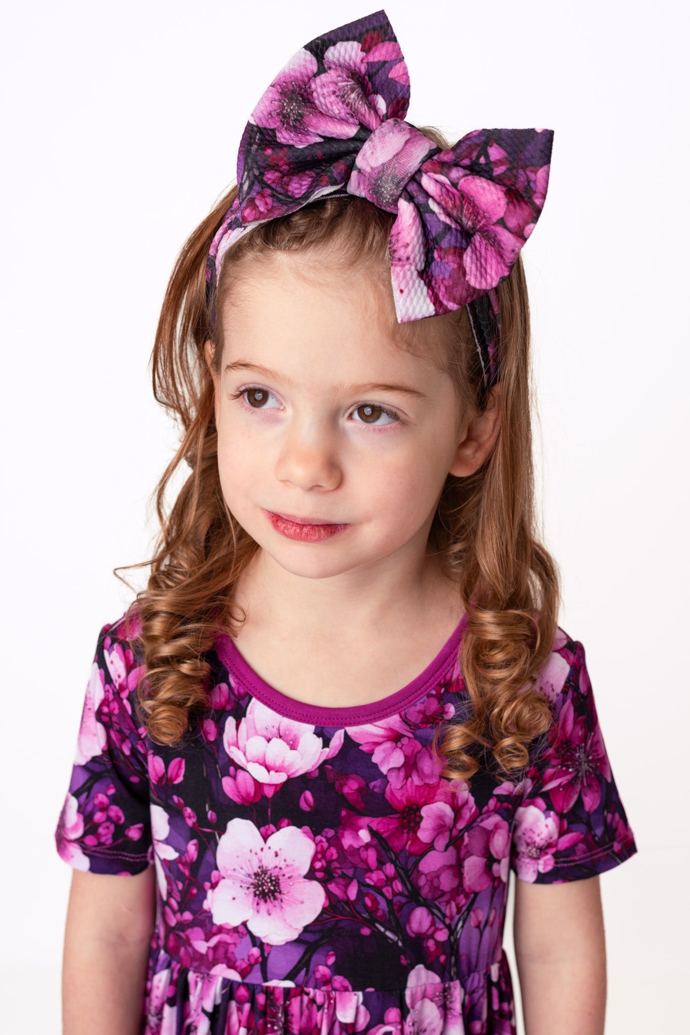 Headwrap Bow – Cherry Blossoms Print, Purple Pink | Little Popp Crew