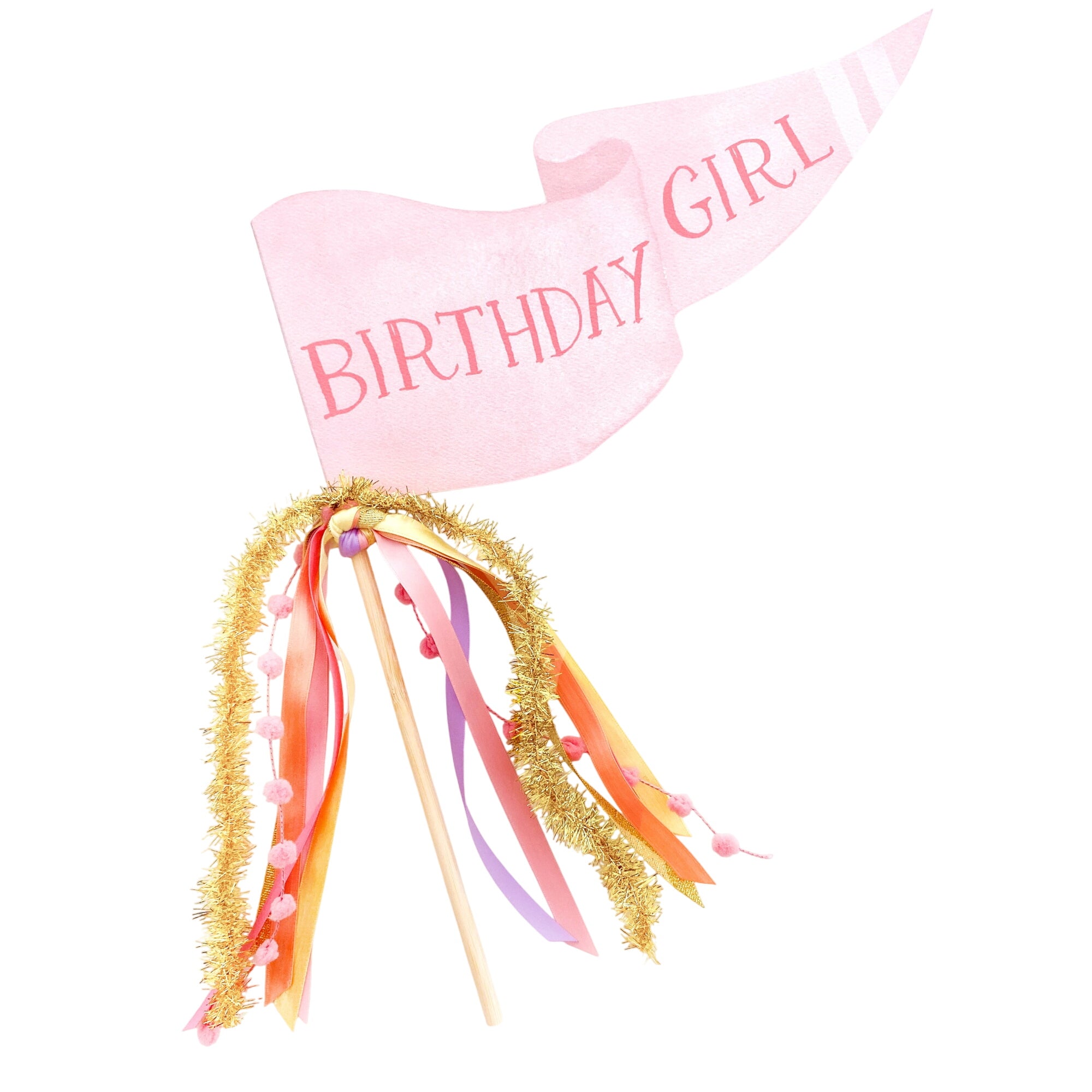 Birthday Girl Party Pennant – Pink Flag with Ribbons & Glitter | Cami Monet