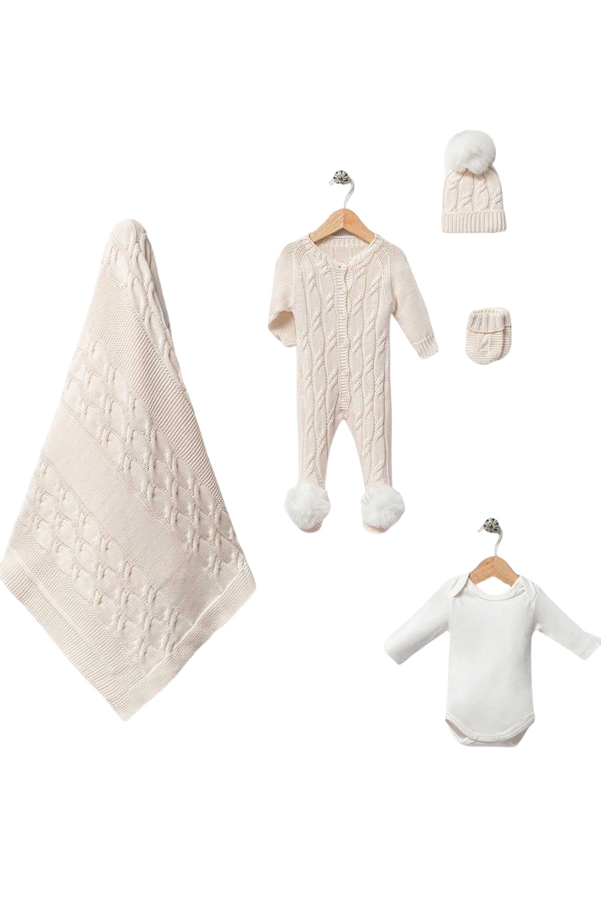 Newborn Knit Coming Home Set – Cream, 5 Pcs, Cable Knit | THA Dressing