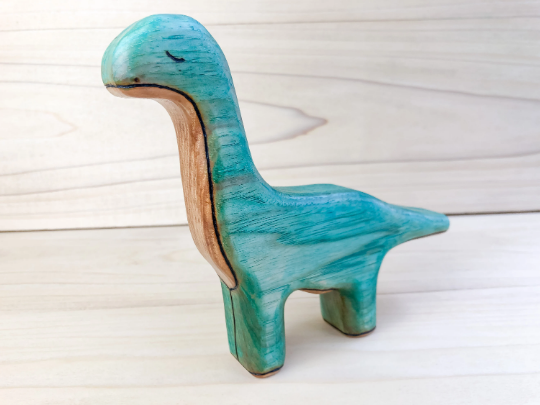 Wooden Brontosaurus Toy – Teal & Wood – Sweet Potato Village