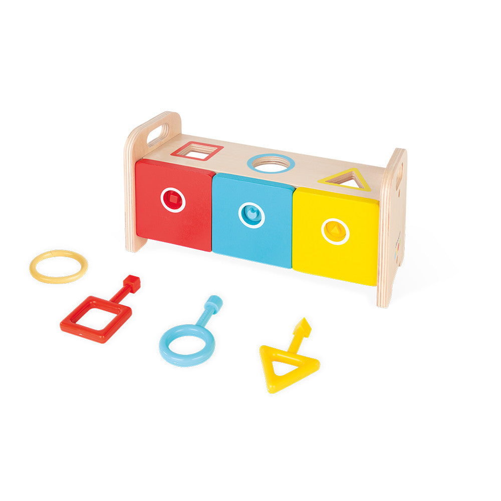 Janod Shape Sorter Box With Keys – Wooden, Red Blue Yellow