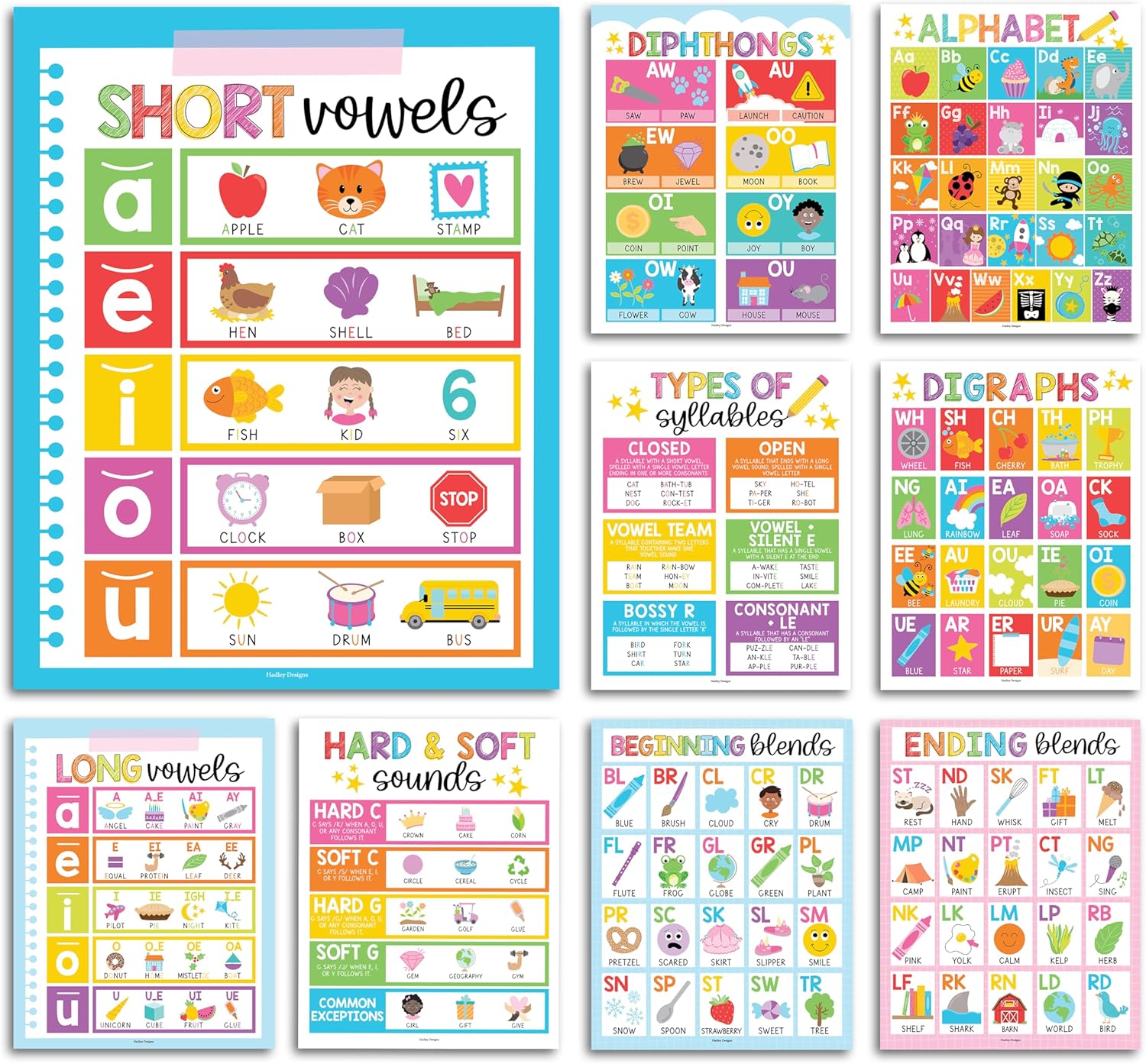 Phonics Posters 9-Pack, Colorful Alphabet, Hadley Designs Prek