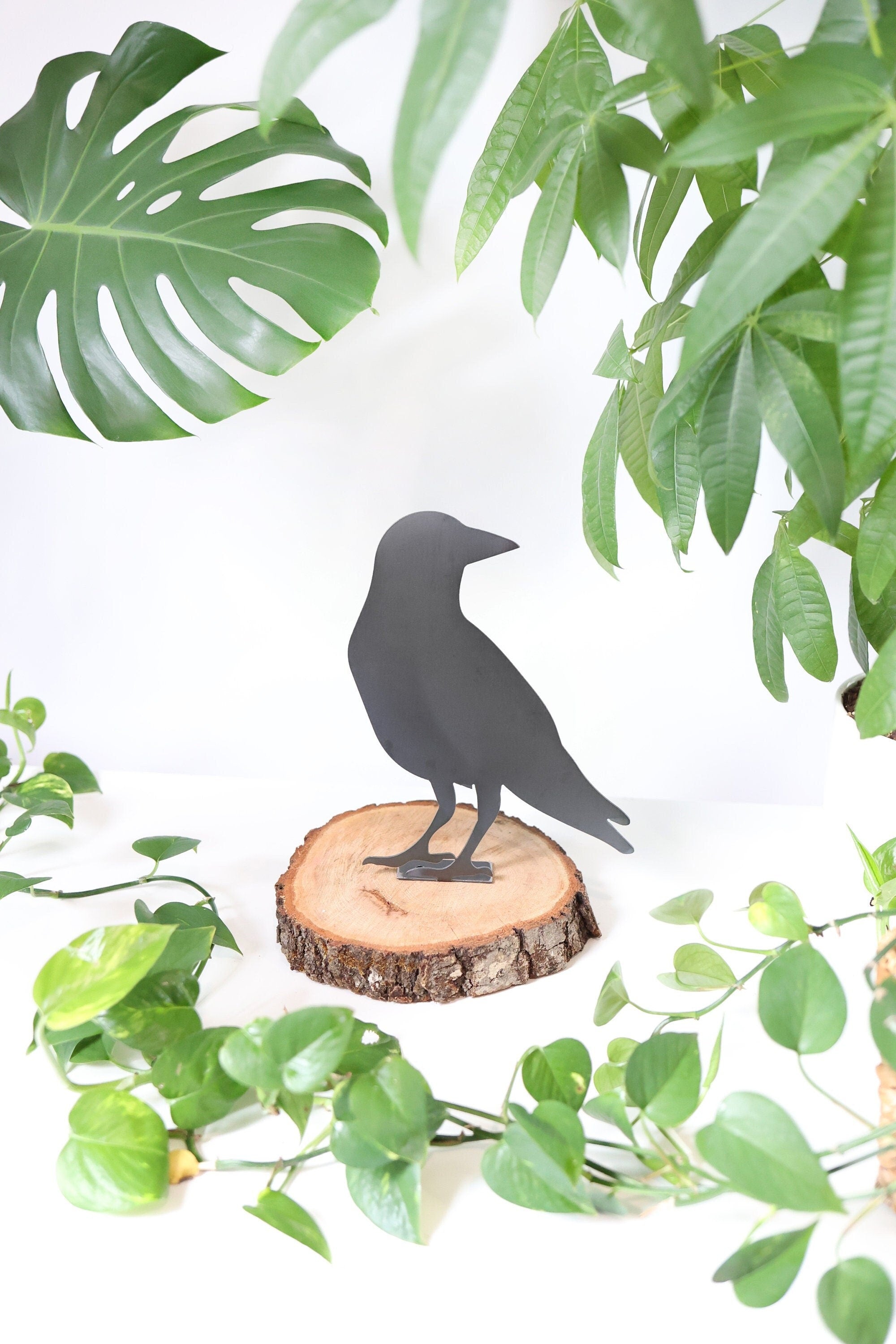 Black Metal Crow Statue On Wood Base – Jubilee Trading Company