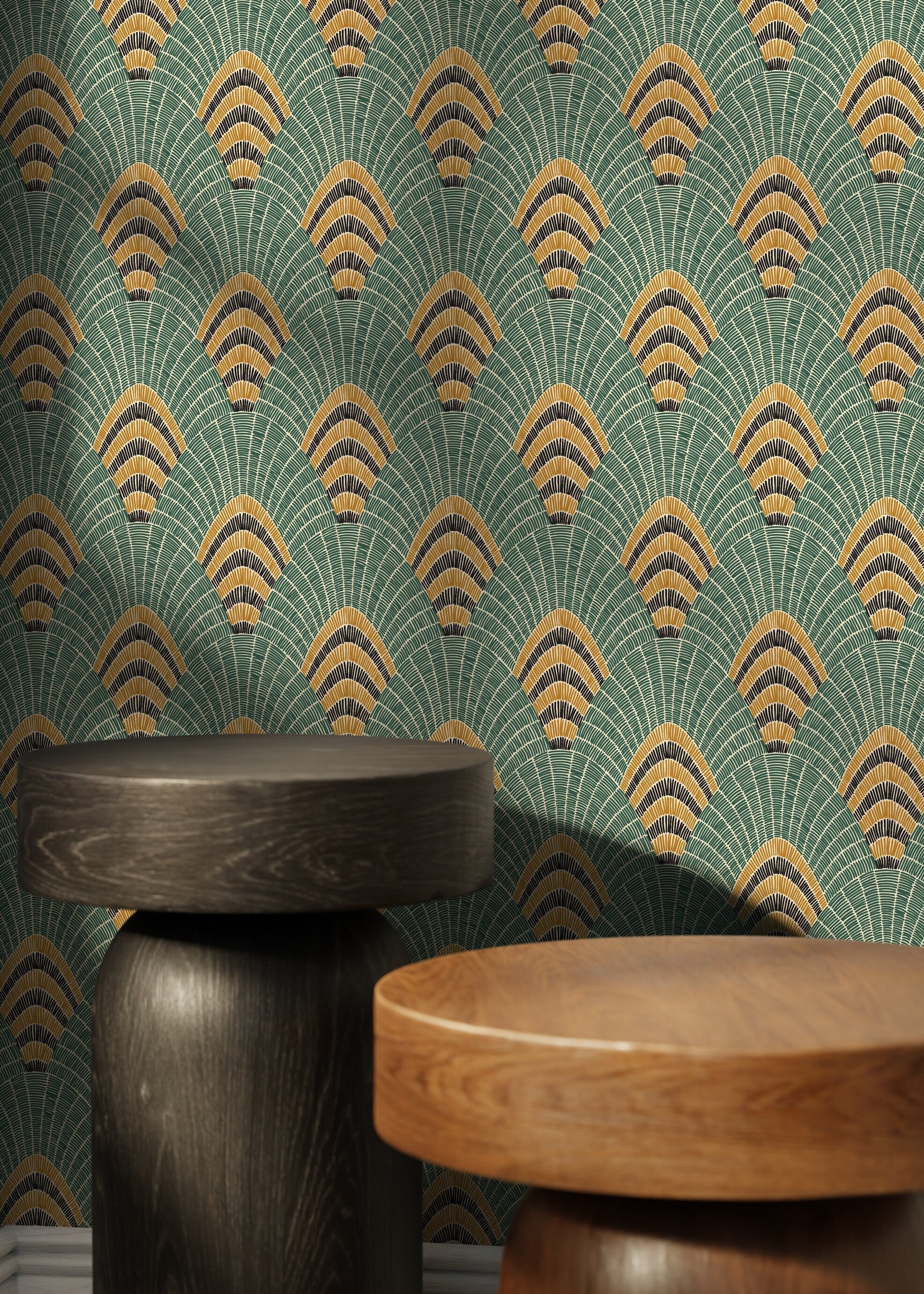 ONDECOR Art Deco Wallpaper – Geometric Fan Motif in Green, Gold, Black