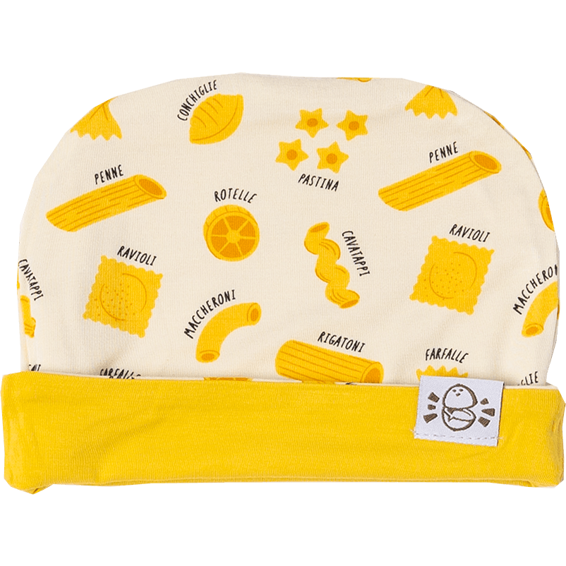 Baby Knit Beanie – Pasta Print, Yellow Cuff – Coconut Pops