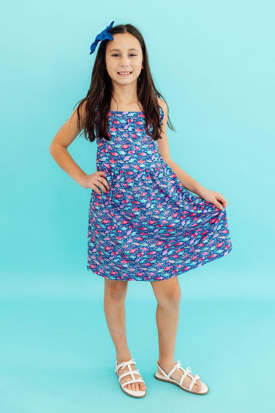 Girls Ruffle Cross-Back Dress - Blue Fish Print - Mila & Rose