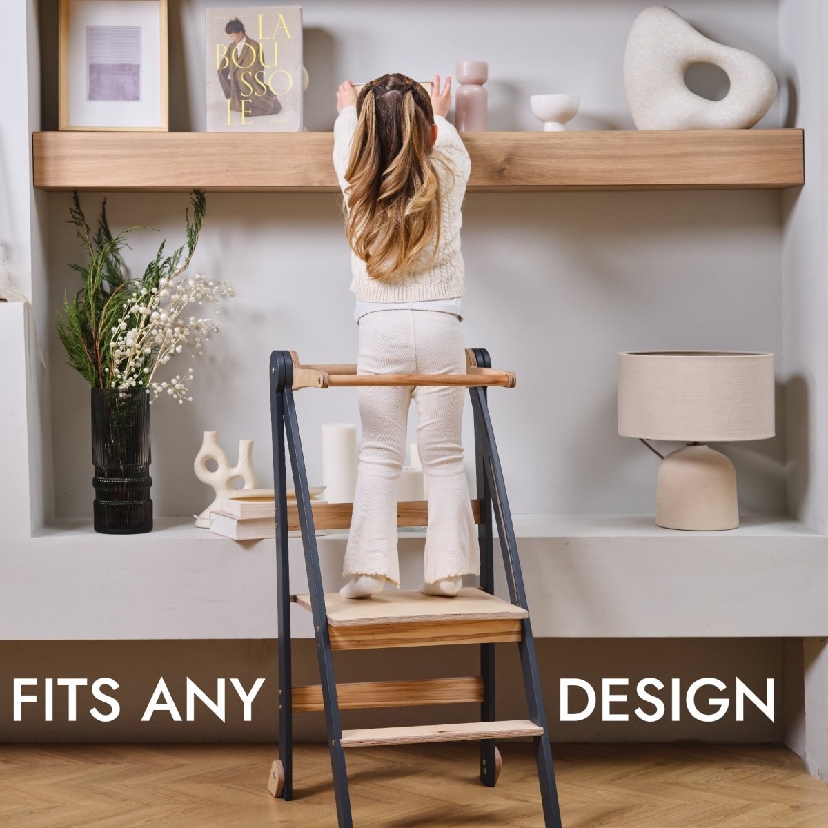 Goodevas Toddler Learning Tower – Foldable Step Stool, Graphite & Wood