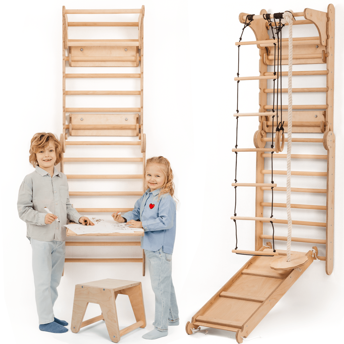 6-in-1 Indoor Wooden Swedish Wall Climbing Ladder for Kids with Slide ...