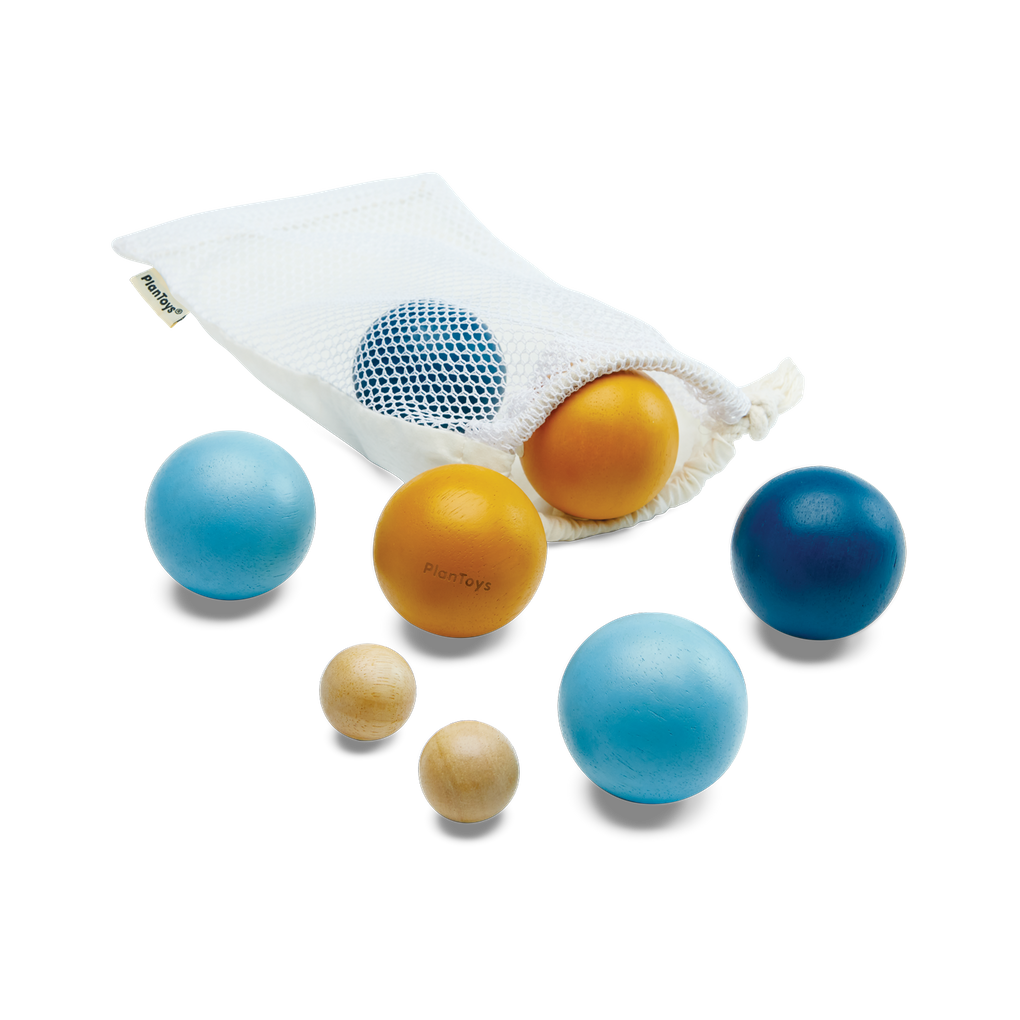 Plan Toys Pétanque Set – Blue and Yellow Wooden Balls with Carry Bag