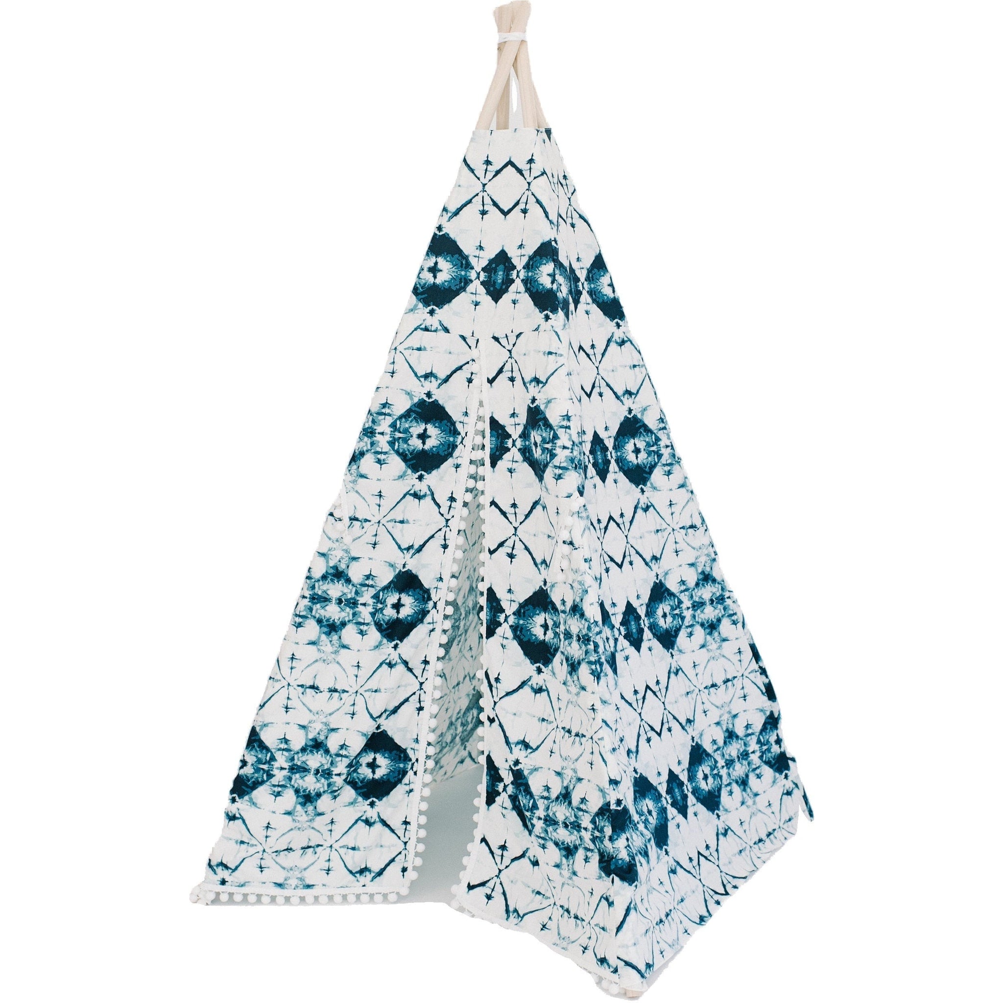 E&E Teepees Indigo Play Tent – Blue Tie-Dye Print, Pom Pom Trim